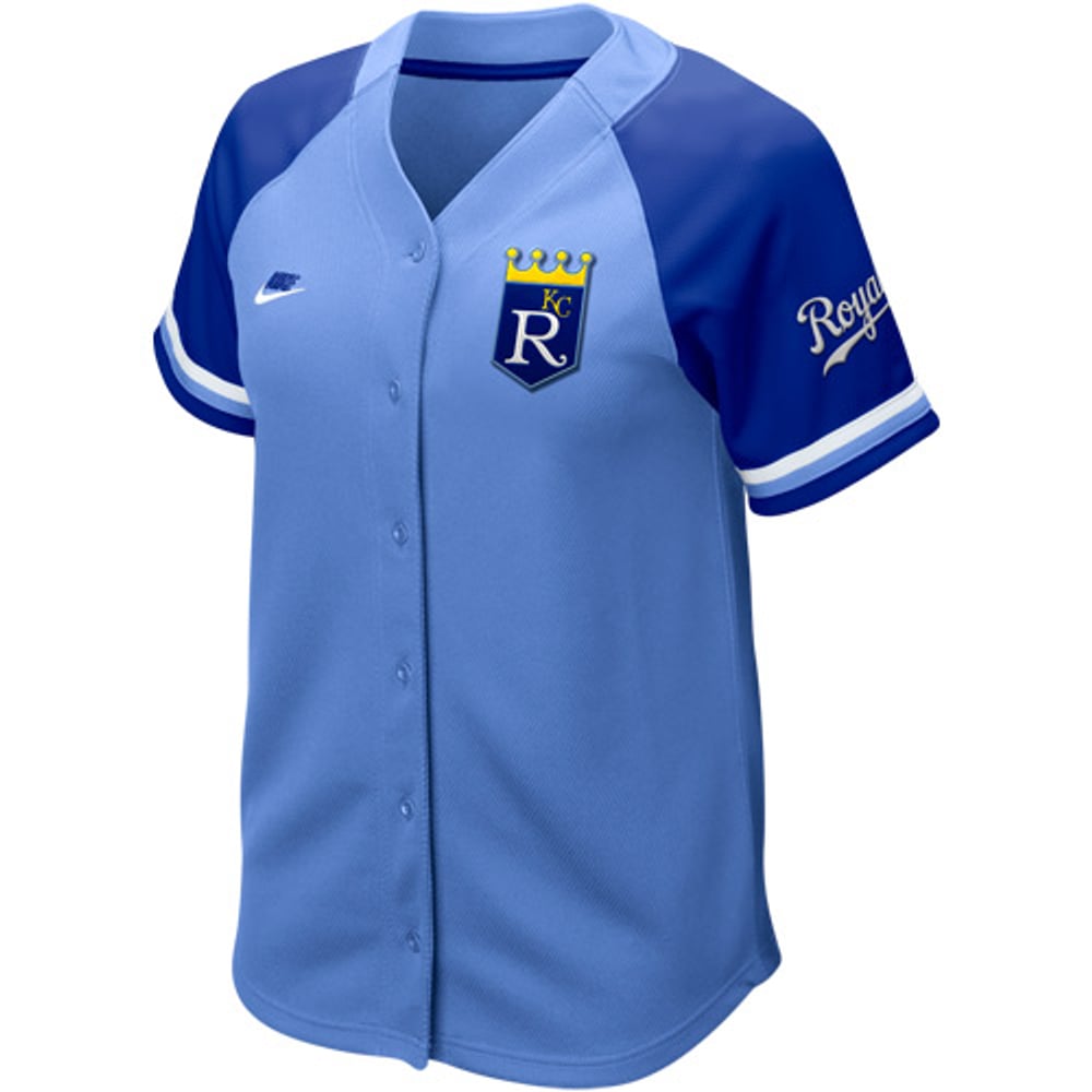 Nike Kansas City Royals Womens Light Blue Royal Blue Cooperstown Quick Pick Vintage Baseball Jersey