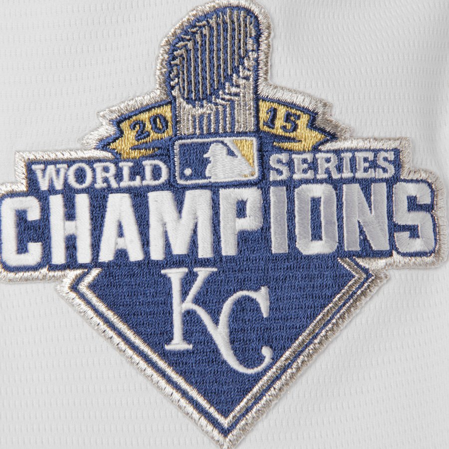 Womens Kansas City Royals Majestic White Home 2015 World Series Champions Gold Program Cool
