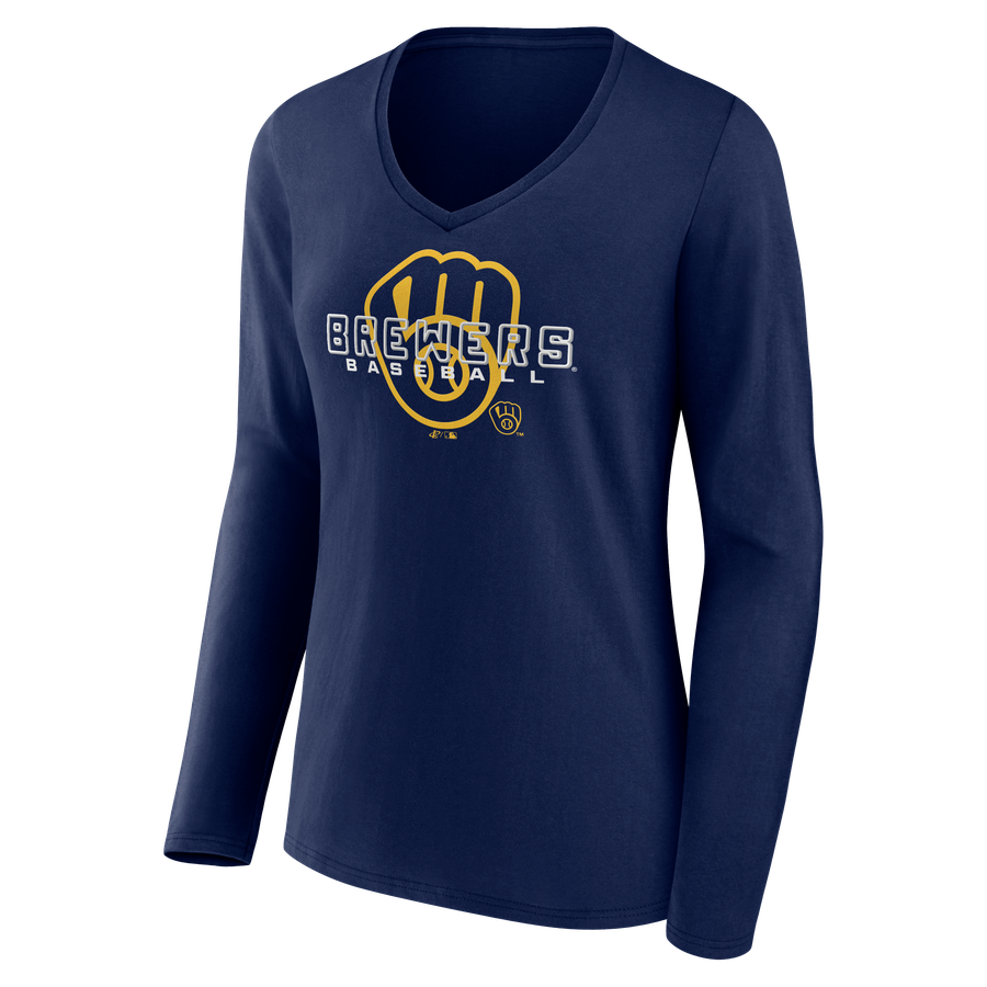 Women's Milwaukee Brewers Navy Custom Stellar Long Sleeve V-Neck T-Shirt