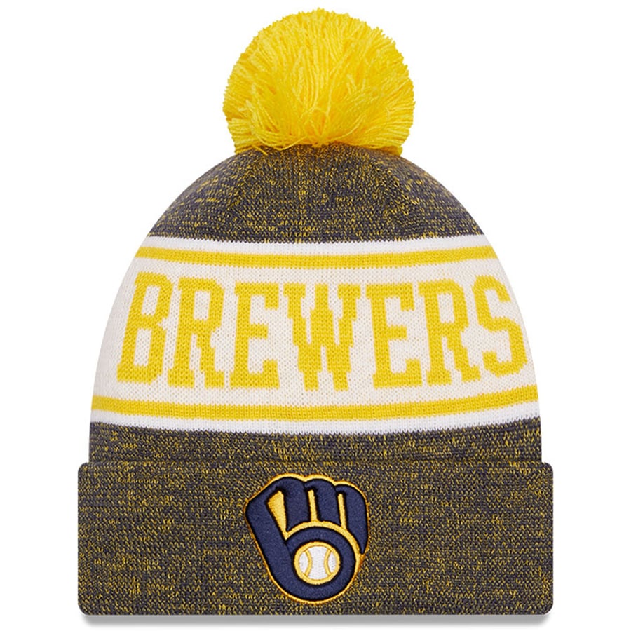 Men's Milwaukee Brewers New Era Gold/Navy Banner Cuffed Knit Hat with Pom