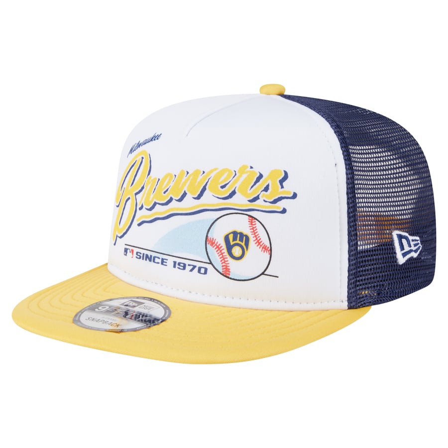 Men's Milwaukee Brewers New Era White/Gold Retro Script Trucker 9FIFTY ...