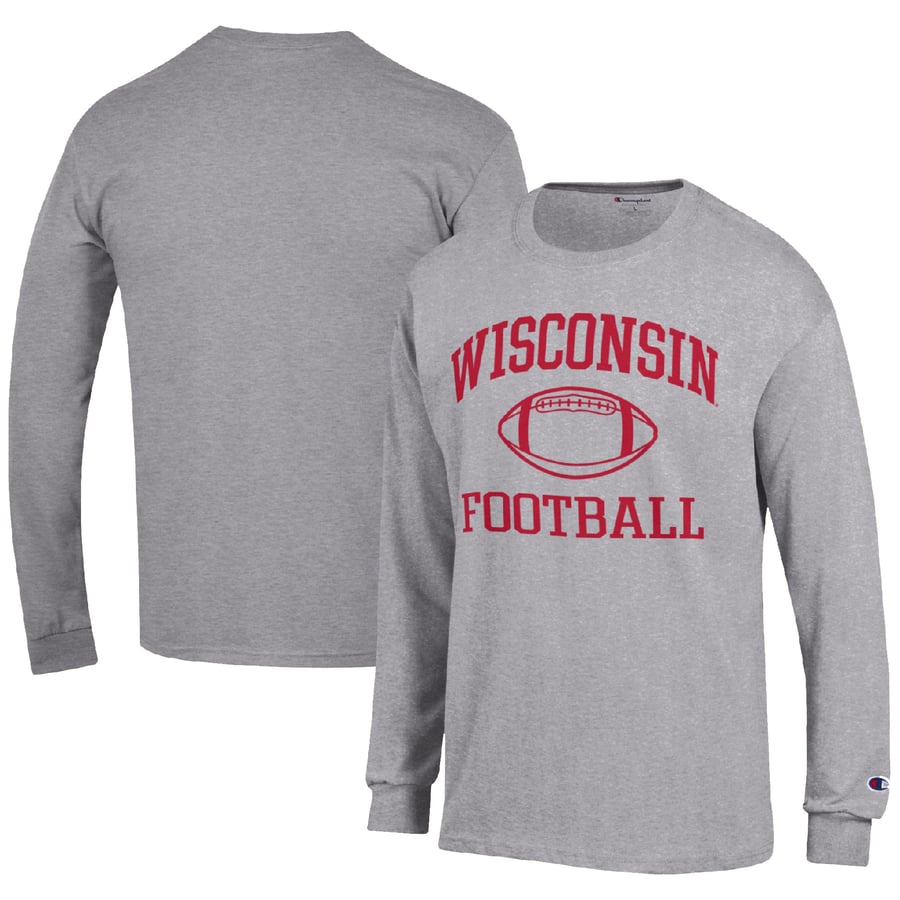 Wisconsin Badgers Champion Football Icon Long Sleeve T-Shirt - Heather Gray